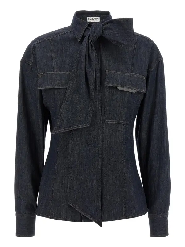 Brunello Cucinelli Long Sleeve Denim Shirt With Removable Bow Tie - Black