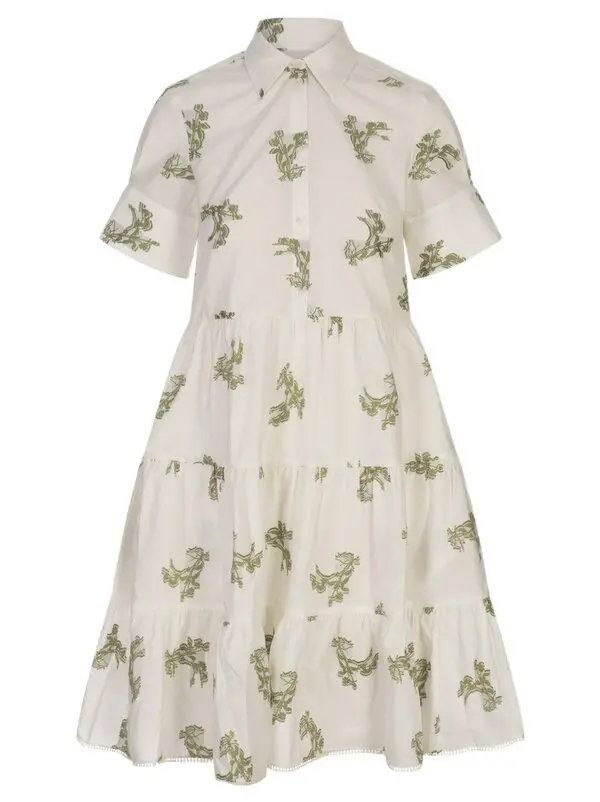 Erdem Short Sleeve Shirt Dress With Embossed Leaf Pattern - White