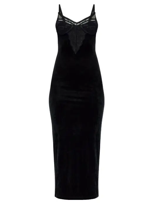 SELF-PORTRAIT Velvet Strappy Lace Midi Dress - Black