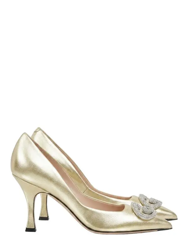 Gucci Metallic Leather Pumps With Crystal Interlocking G - Nude
