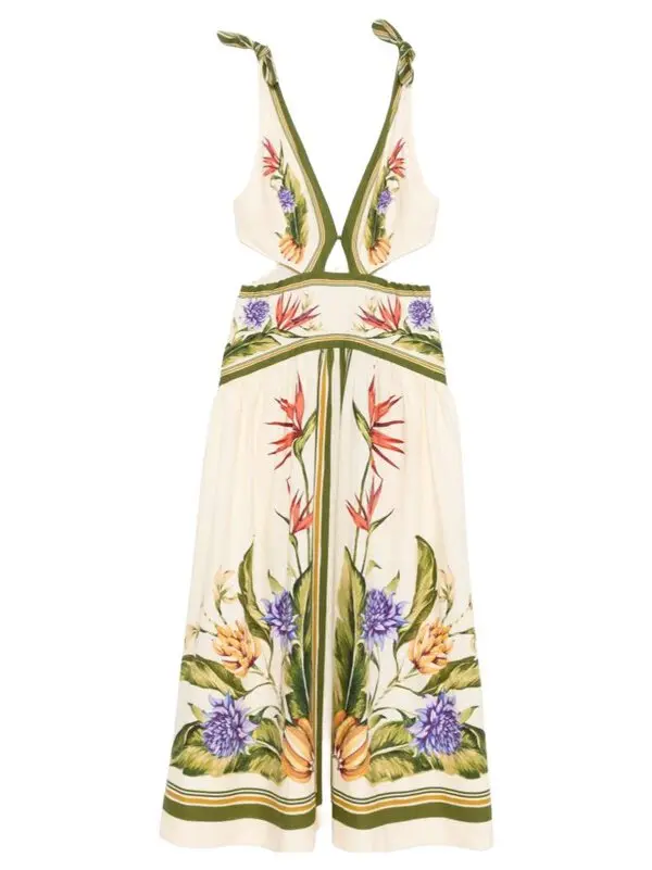 Farm Rio Tropical Print Maxi Dress With V-neck And Tie Shoulders - White