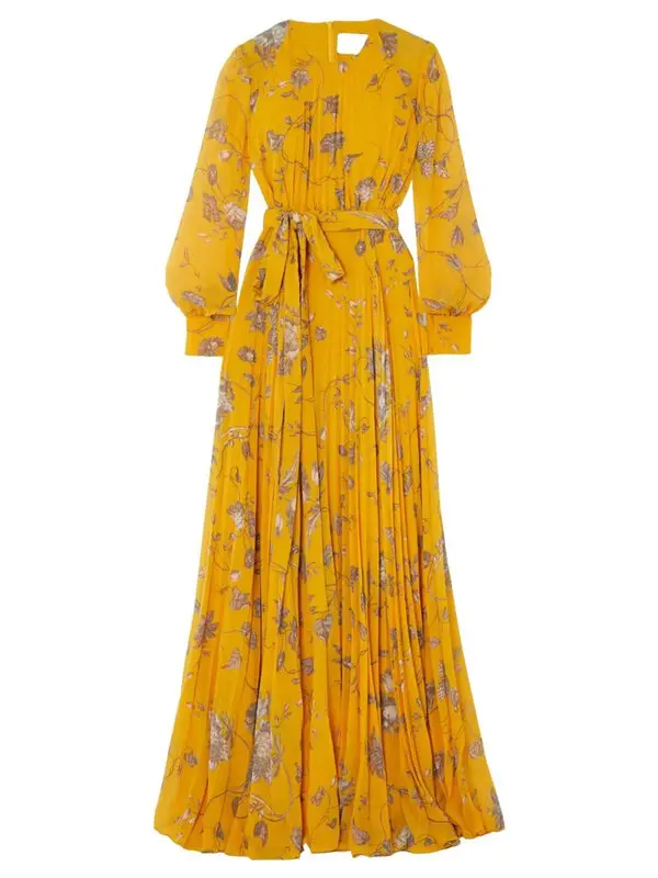 Erdem Pleated Floral Print Maxi Dress - Yellow