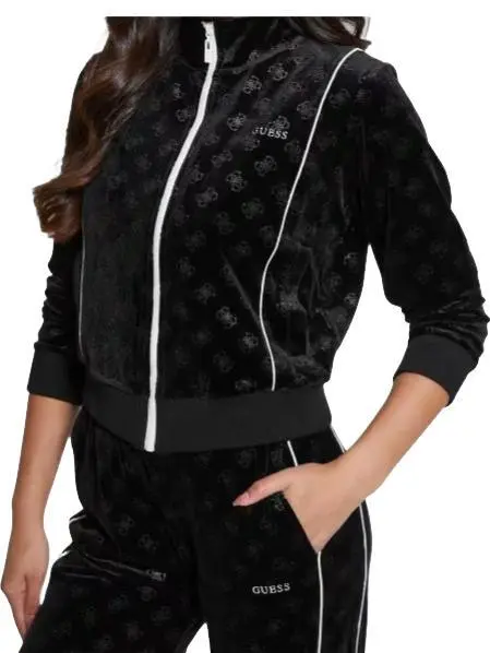 Guess Embossed Logo Velour Zip-up Sweater - Black