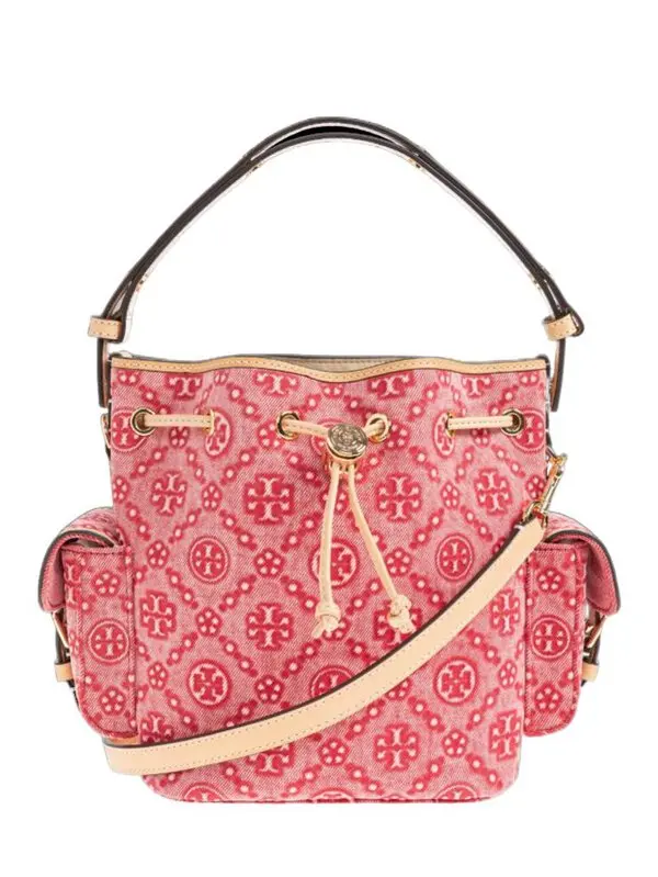 Tory Burch T Monogram Denim Bucket Bag - Red