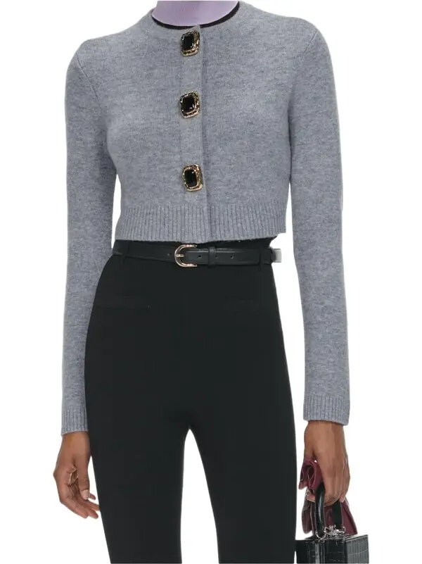 SELF-PORTRAIT Jeweled Button Wool Cardigan - Grey