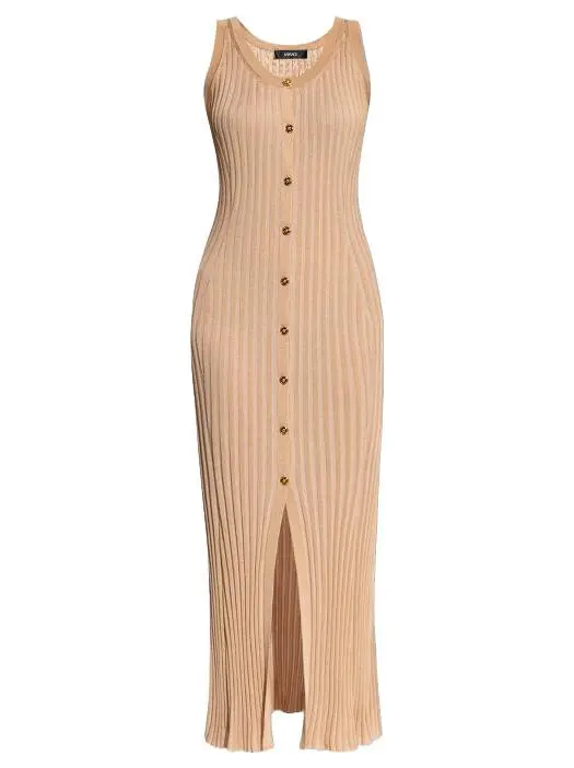 Versace Ribbed Button-up Sleeveless Dress - Nude
