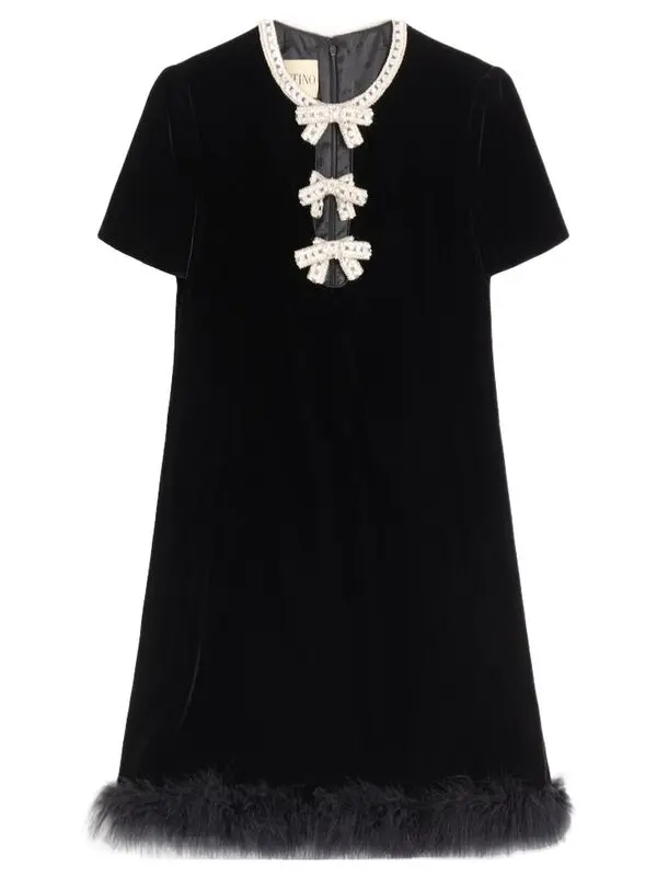 Valentino Garavani Embroidered Sablé Velvet Short Dress With Bows And Rhinestones - Black