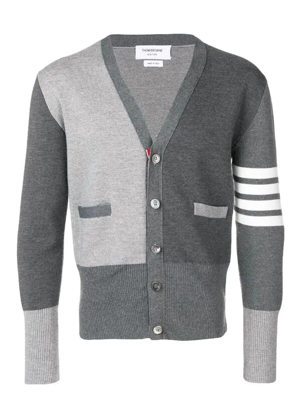 Thom Browne Merino Wool Colorblock Cardigan With Striped Sleeve Detail - Gray