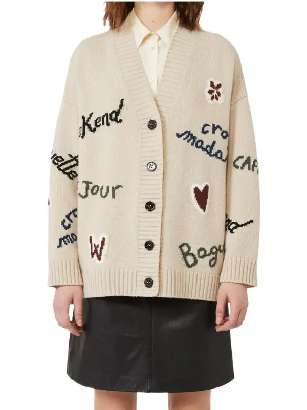 Max Mara Oversized Wool Knit Cardigan With Applique - Nude