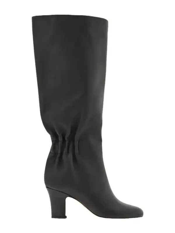 FERRAGAMO Knee High Ruched Leather Boots With Gancini Detail - Black