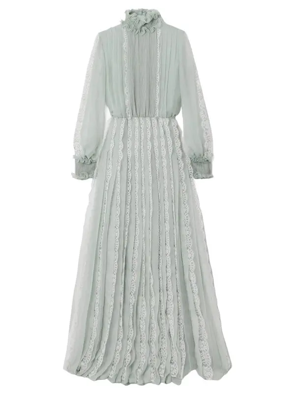 Valentino Garavani Ruffled Lace-trimmed Pleated Silk-chiffon Gown - Light Blue
