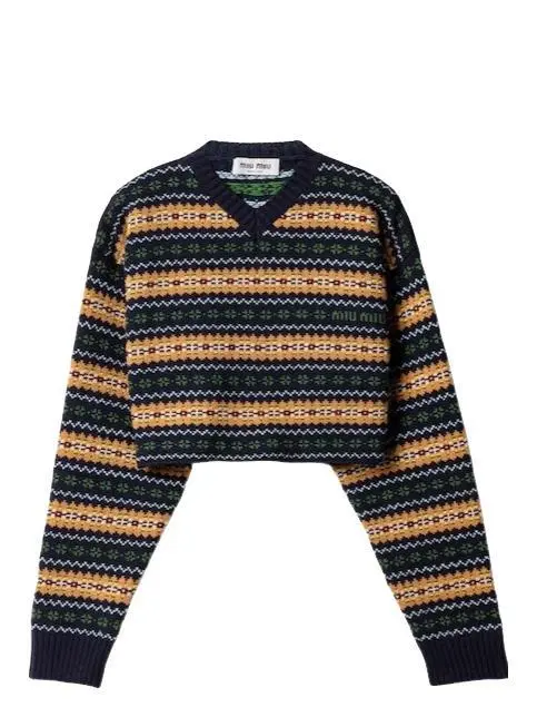 Miu Miu Jacquard Knit V-neck Cropped Jumper - Blue