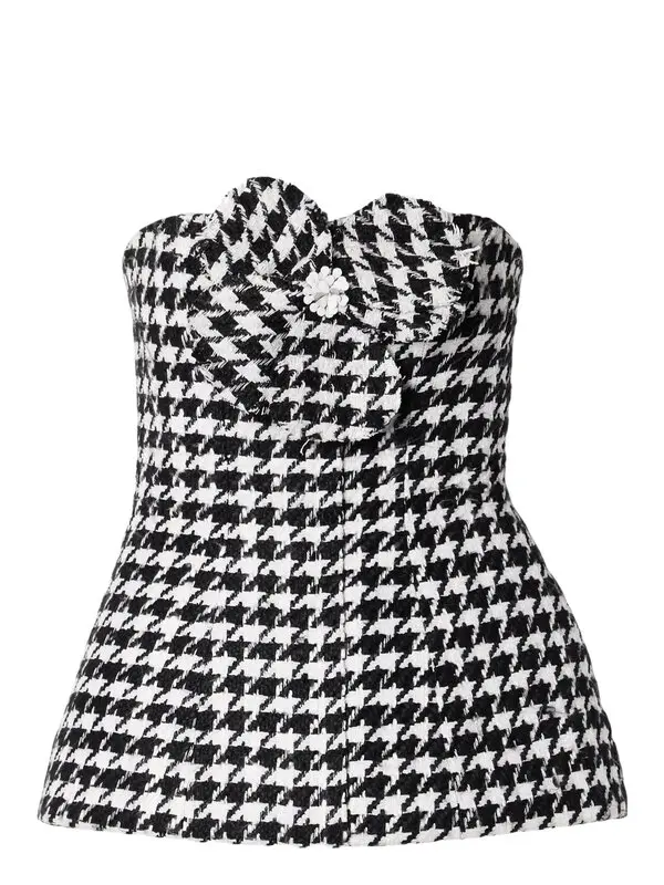 Carolina Herrera Houndstooth Tweed Pleated Top With Rose Bow Appliqu - White And Black
