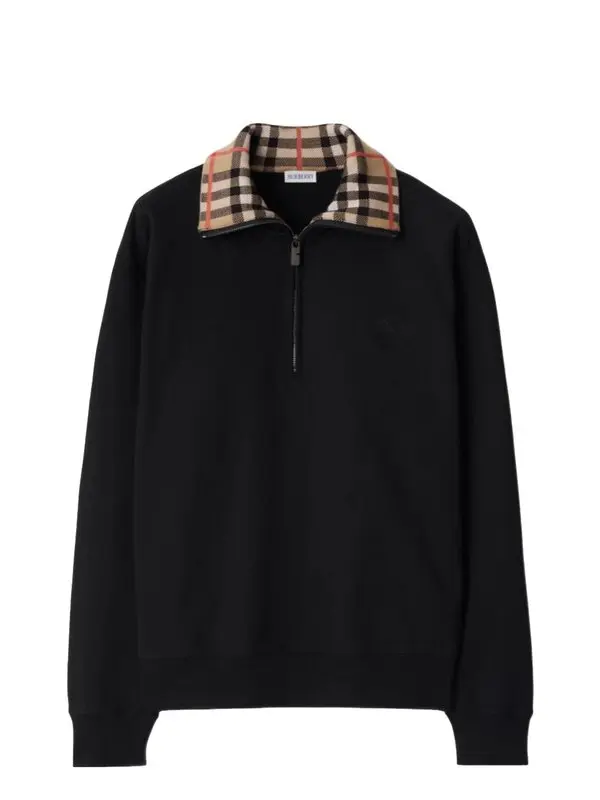 Burberry Checked-collar Half-zipped Sweatshirt - Black