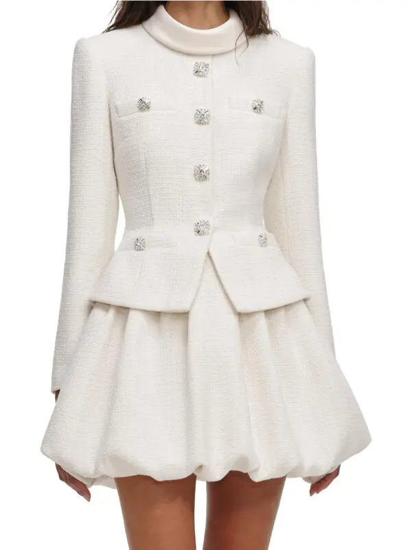 SELF-PORTRAIT Boucle Collared Mini Dress With Diamanté Embellishments - Cream