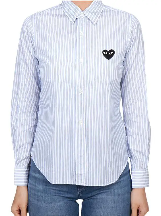 Play Comme Des Garcon Striped Long Sleeve Shirt With Heart Appliqu - White