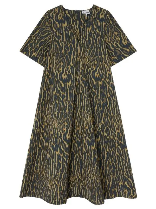 GANNI Leopard-printed V-neck Dress - Khaki