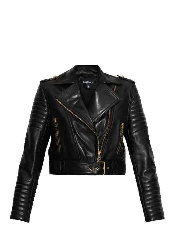 Balmain Cropped Leather Biker Jacket - Black