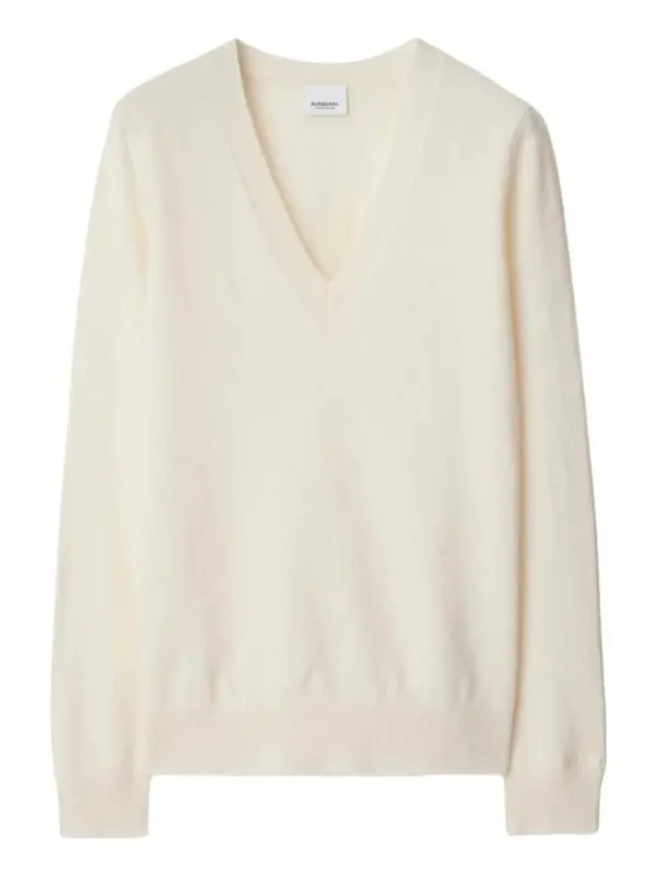 Burberry Logo Cashmere V-neck Sweater - Vanilla