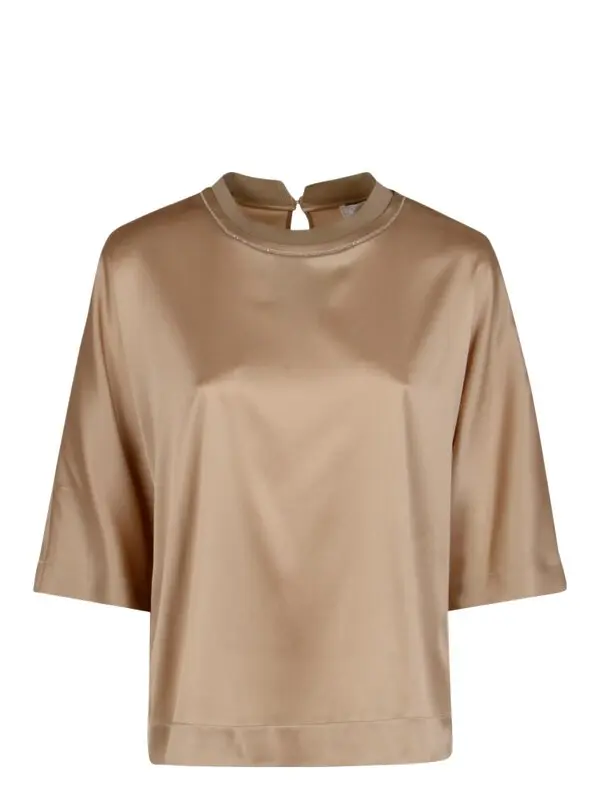 Peserico Boxy Satin Top With Embellished Neckline - Nude