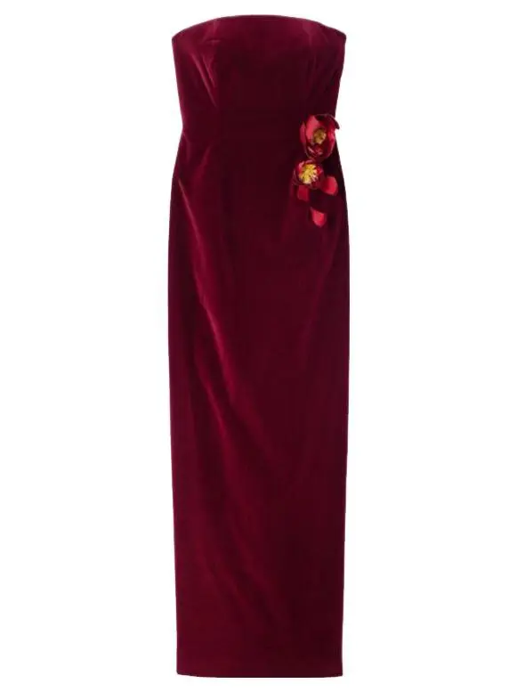 Oscar De La Renta Strapless Velvet Gown With Appliqu - Red