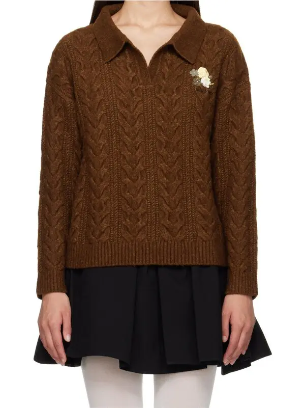 SHUSHU/TONG Floral Appliqué Polo Jumper - Brown