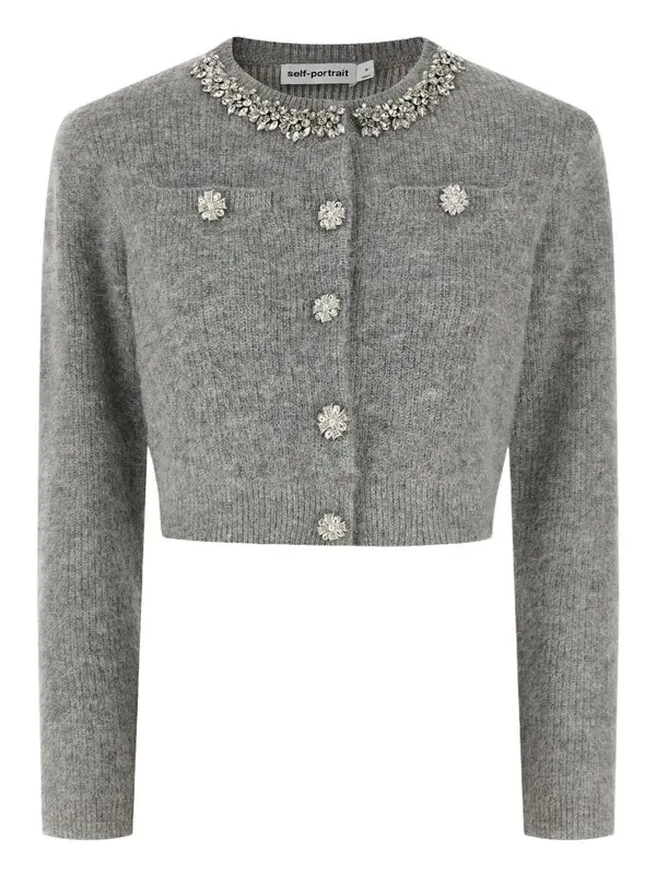 SELF-PORTRAIT Embellished Crystal Trimmed Cardigan - Gray