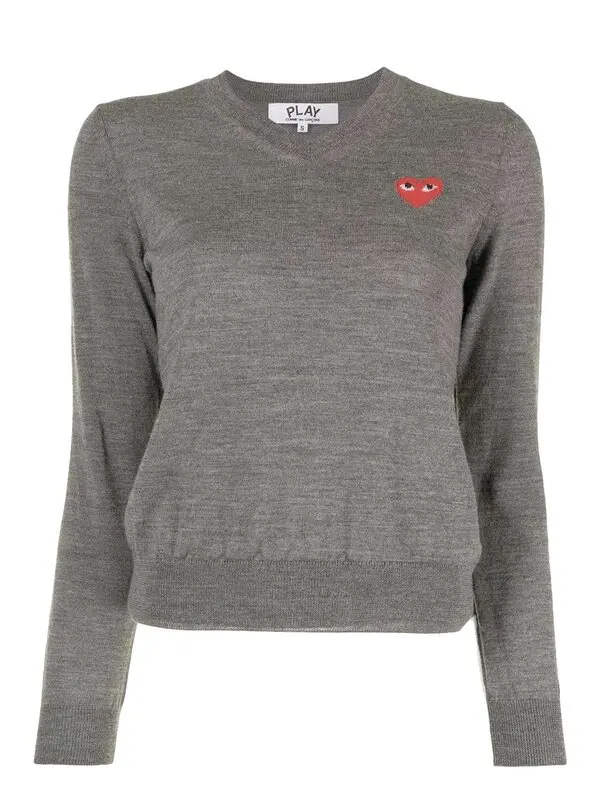 Play Comme Des Garcon Intarsia Knit Logo V-neck Jumper - Gray
