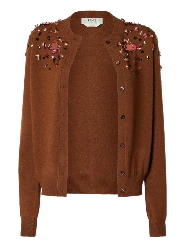 Fendi Embellished Buttoned Crewneck Cardigan - Brown