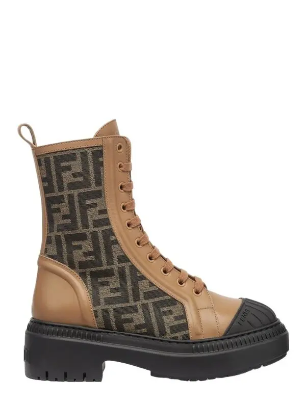 Fendi Lace-up Combat Boots With Ff Jacquard - Black