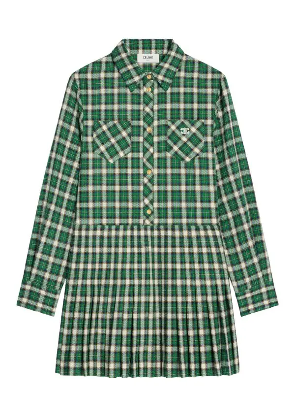 Celine Mini Shirt Dress In Check Wool - Jade Green/chalk Color/yellow