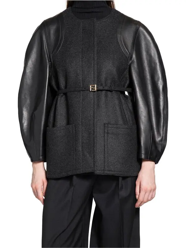 Fendi Single-breasted Crewneck Jacket With Ff Buckle Strap - Dark Grey Blend/black