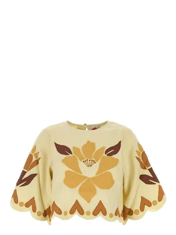 Farm Rio Floral Appliqué Scalloped Top - Yellow