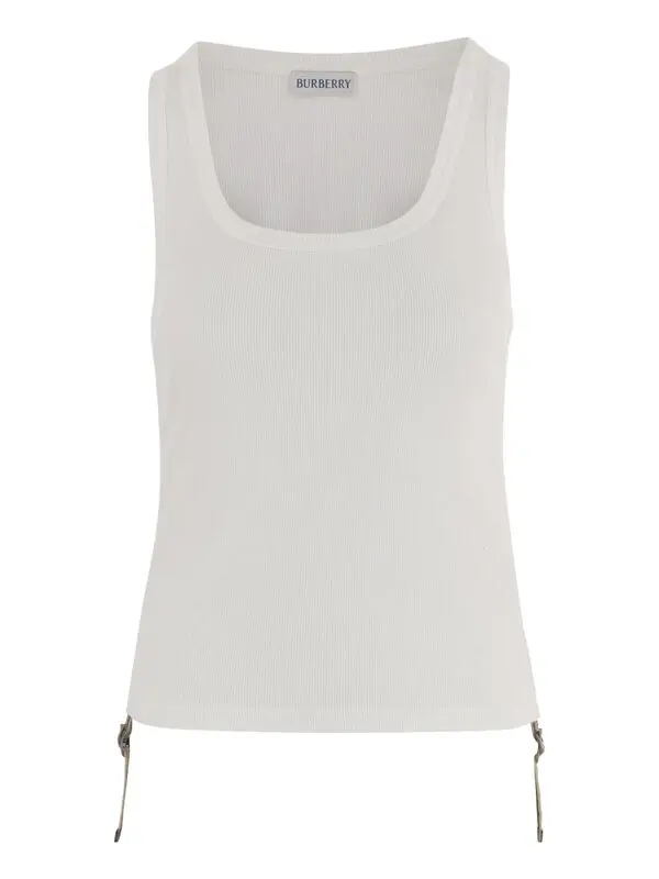 Burberry Checked Strap Ruched Ribbed Tank Top - White