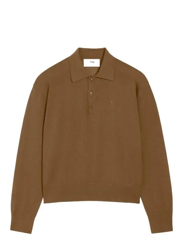 AMI Paris Logo Embroidered Long-sleeved Polo Shirt - Hazelnut