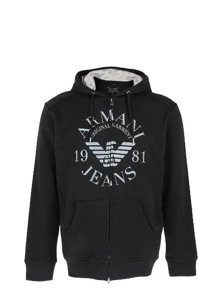 Emporio Armani Full Zip Hoodie With Drawstring Hood - Black