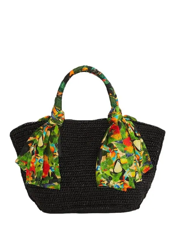 Farm Rio Printed Handle Woven Tote Bag - Black