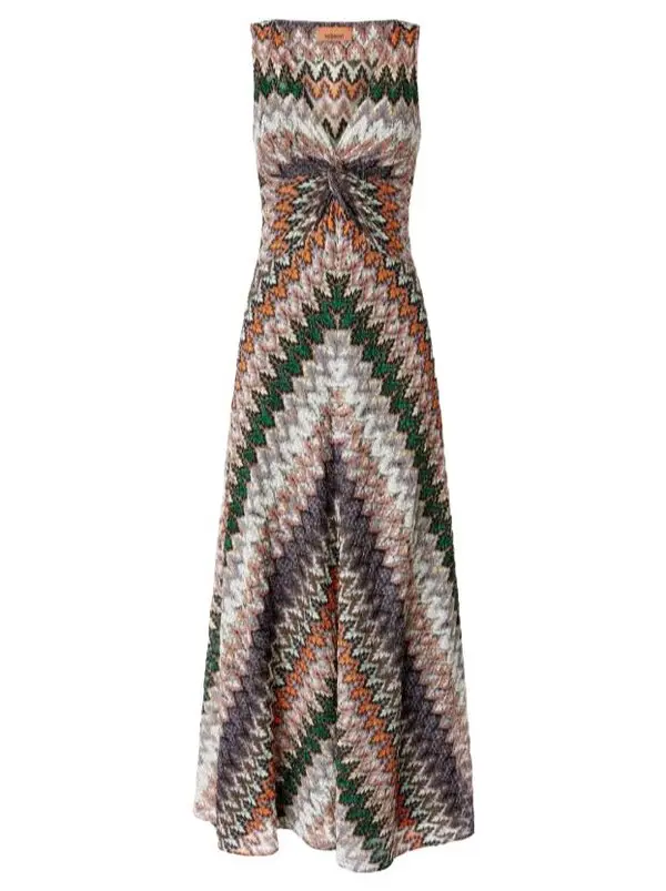 Missoni Sleeveless V-neck Gown With Knotted Neckline And Zigzag Pattern - Greenish-brown