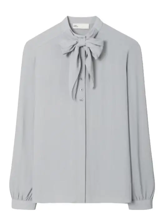 Tory Burch Georgette Bow Blouse - Grey