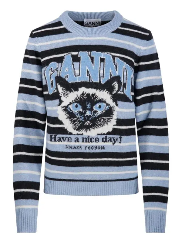 GANNI Striped Printed Crewneck Jumper - Blue