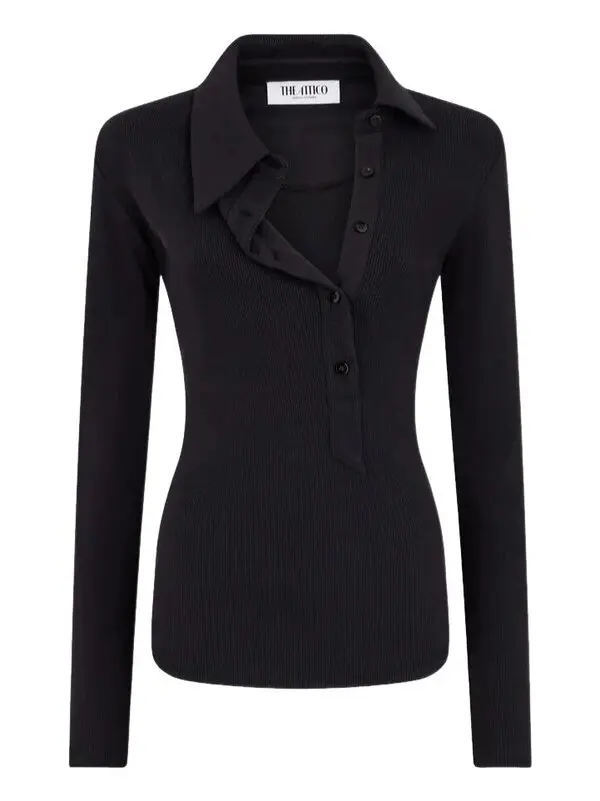 Attico Long-sleeved Ribbed Polo Top - Black