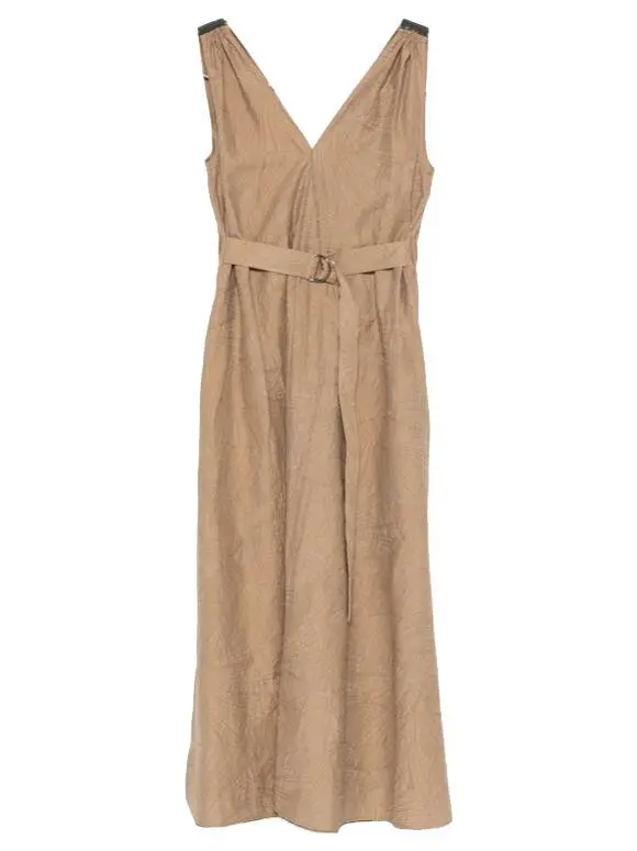 Brunello Cucinelli V-neck Belted Midi Dress - Nude