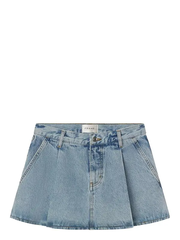 FRAME Low Rise Denim Skirt With Pleated Hem - Blue