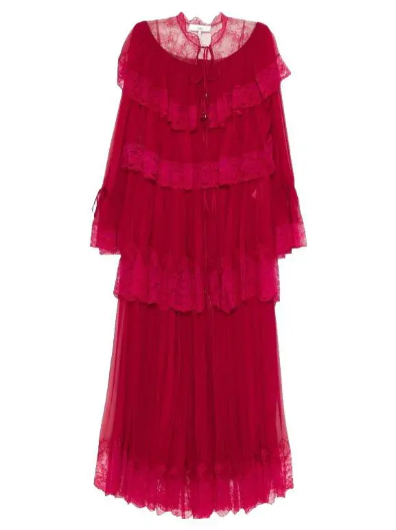 Chloé Long Sleeve Tiered Lace Trim Dress - No