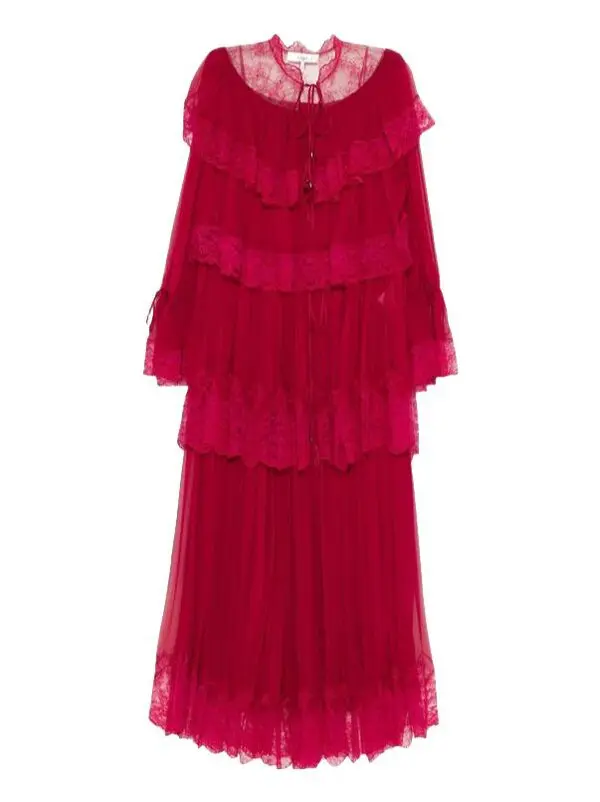 Chloé Long Sleeve Tiered Lace Trim Dress - Red