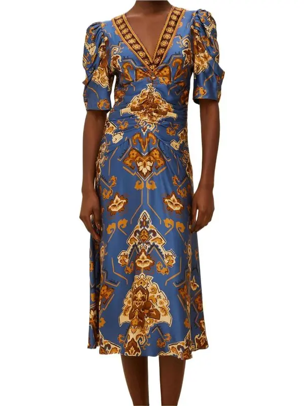 Farm Rio Printed V-neck Puff Sleeve Midi Dress - Blue