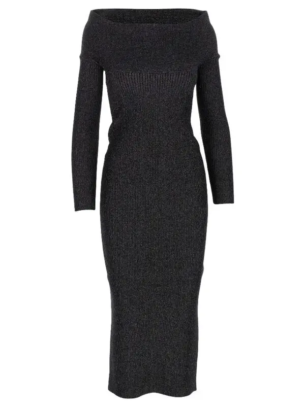 Khaite Off-the-shoulder Long Sleeve Ribbed Knit Midi Dress - Black