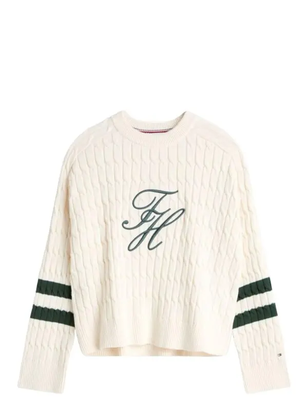 Tommy Hilfiger Relaxed Fit Cable Knit Jumper With Embroidered Logo - Calico