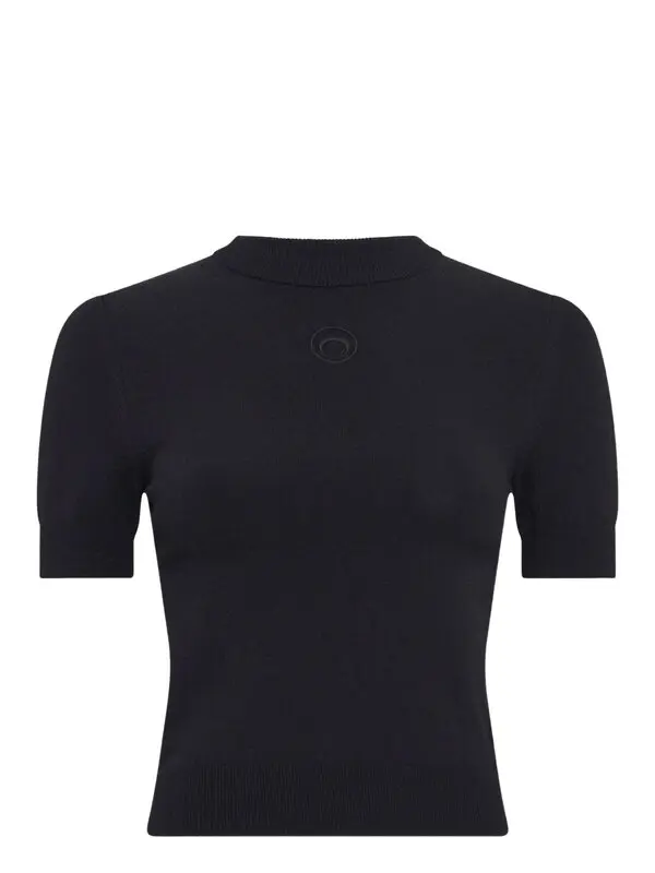 MARINE SERRE Short Sleeve Crew Neck Sweater With Heat-fused Moon Logo - Black