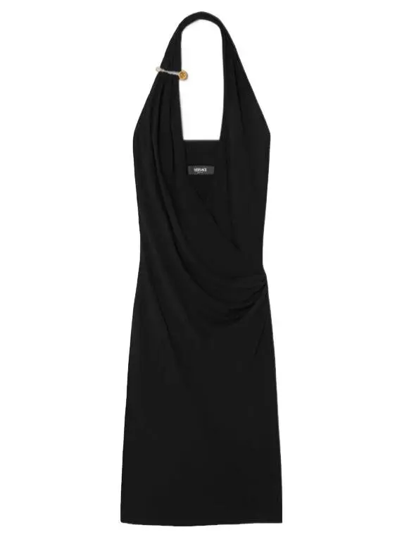 Versace Halterneck Midi Dress With Safety Pin Detail - Black